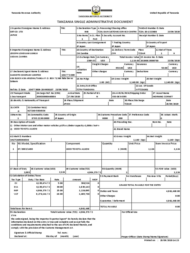 Tanzania Single Administrative Document: Component No Item Invoice ...
