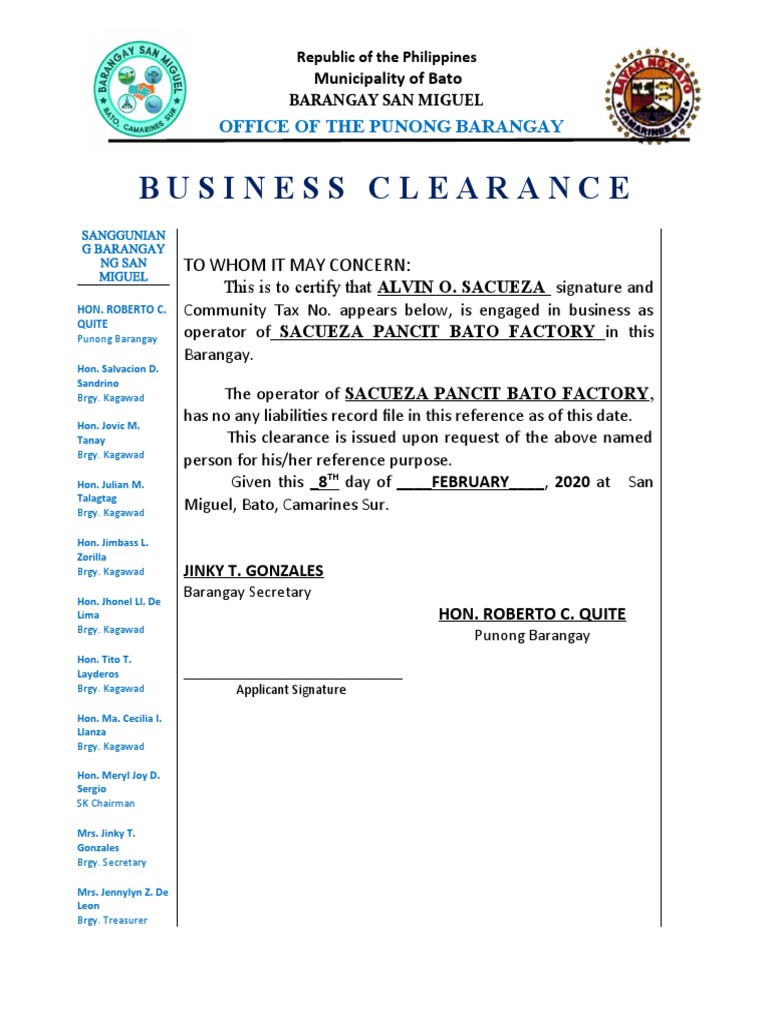 Business Clearance: Office of The Punong Barangay | PDF | Philippines