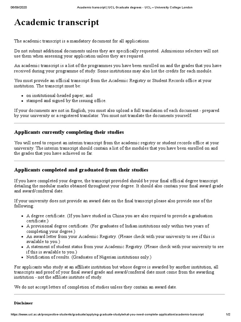 Academic Transcript - Ucl Requirement | PDF | University College London ...
