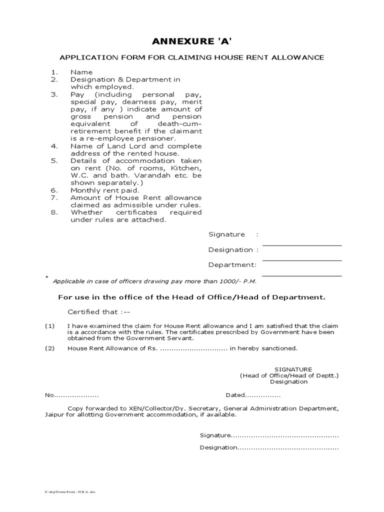 Annexure 'A': Application Form For Claiming House Rent Allowance | PDF ...