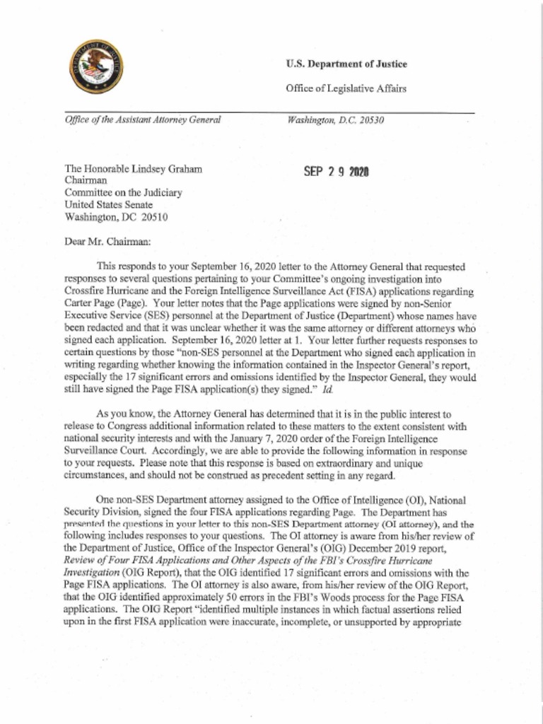 DOJ Letter To Graham - September 29, 2020 | PDF
