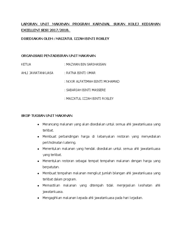 Laporan Unit Makanan | PDF