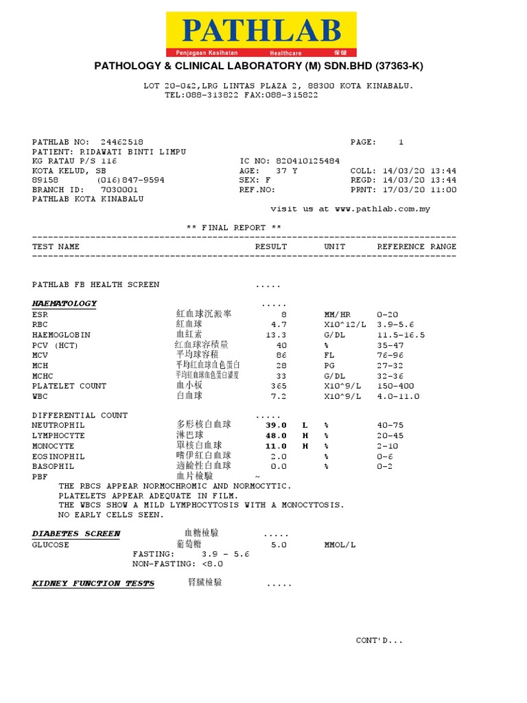 Pathology & Clinical Laboratory (M) SDN - BHD (37363-K) : Haematology ...