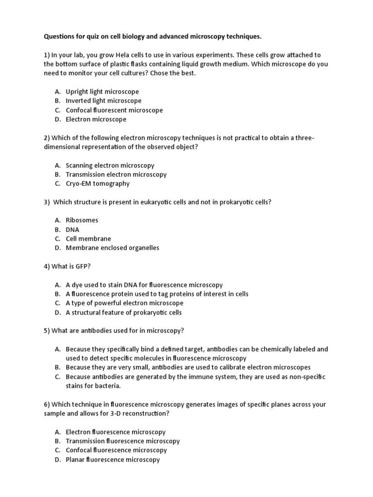 Microscopy REMOTE Quiz Questions | PDF | Fluorescence Microscope ...