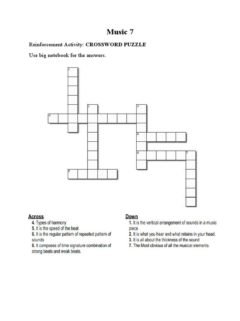 Music 7: Reinforcement Activity: CROSSWORD PUZZLE Use Big Notebook For ...