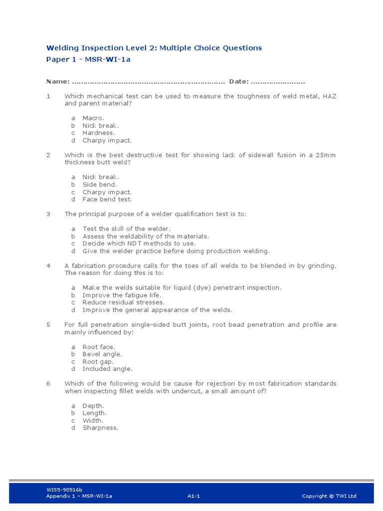 Welding Inspection Level 2: Multiple Choice Questions Paper 1 - MSR-WI ...