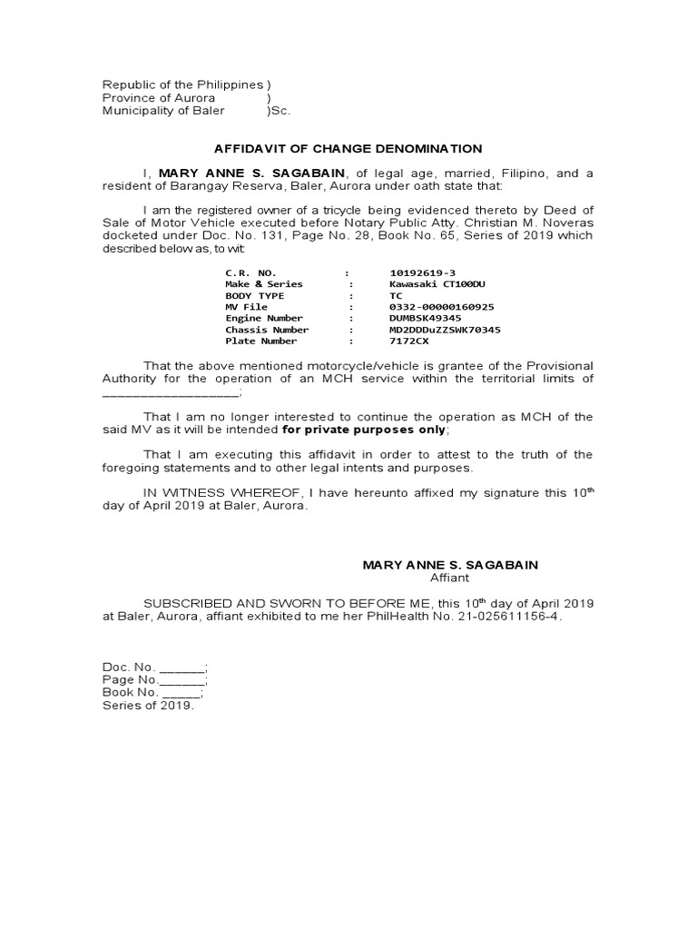 Affidavit of Motorcycle Use Change | PDF | Affidavit | Notary Public