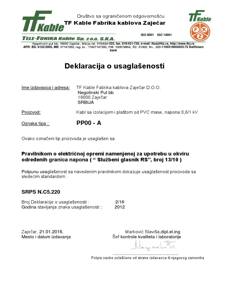 Deklaracija o Usaglasenosti PP00-A 2 | PDF