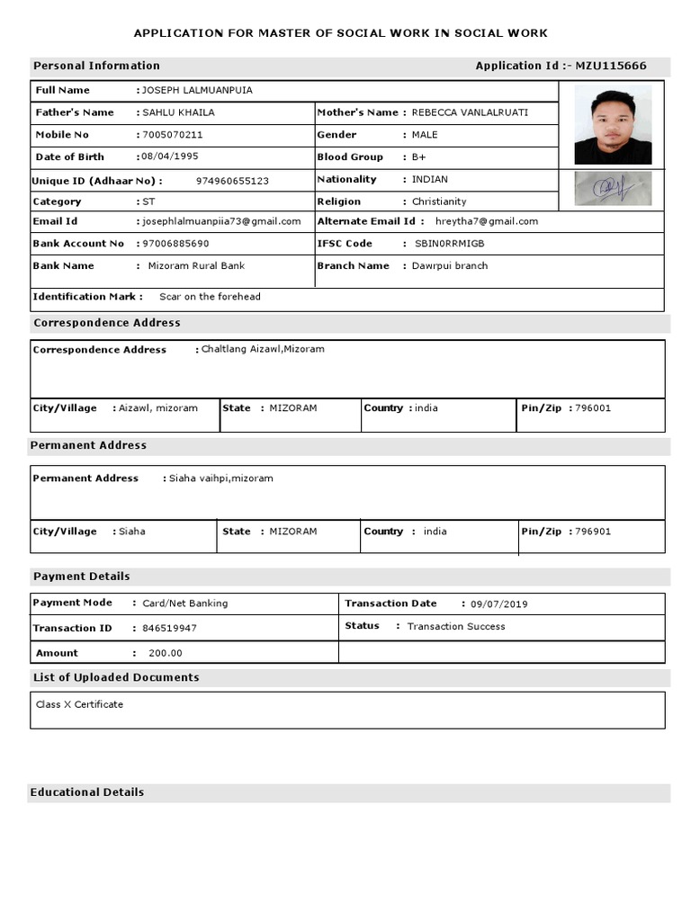 Application For Master of Social Work in Social Work: Personal ...