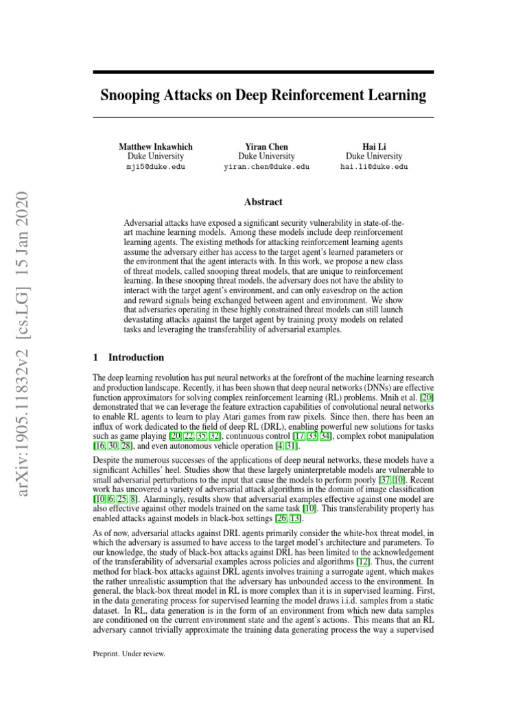 Snooping Attacks On Deep Reinforcement Learning: Preprint. Under Review | PDF | Deep Learning ...