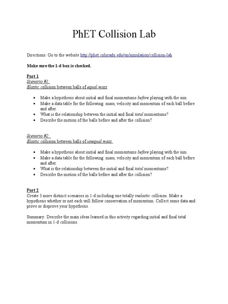 PhET Collision Lab: Momentum Analysis | PDF