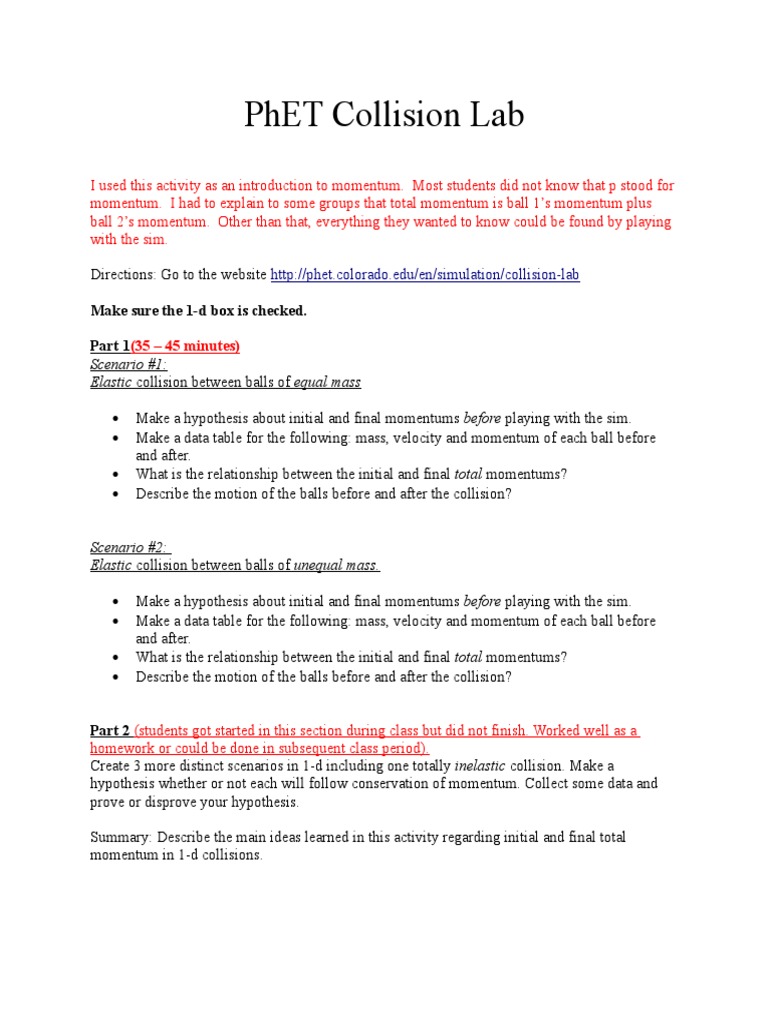Phet Collision Lab: Make Sure The 1-D Box Is Checked | PDF