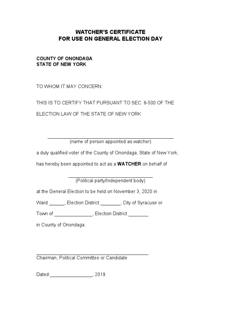 2020 Poll Watcher Certificate General | PDF