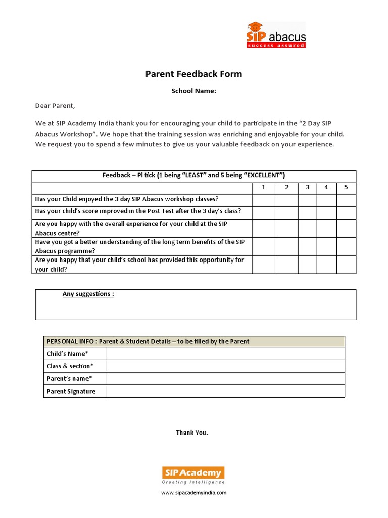 Parent Feedback - 3 Day Workshop | PDF