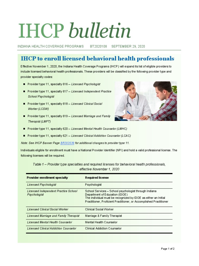 Bulletin: IHCP To Enroll Licensed Behavioral Health Professionals | PDF ...