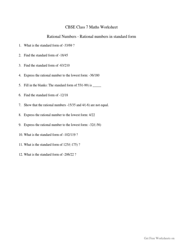 Class 7 Rational Numbers Worksheet | PDF