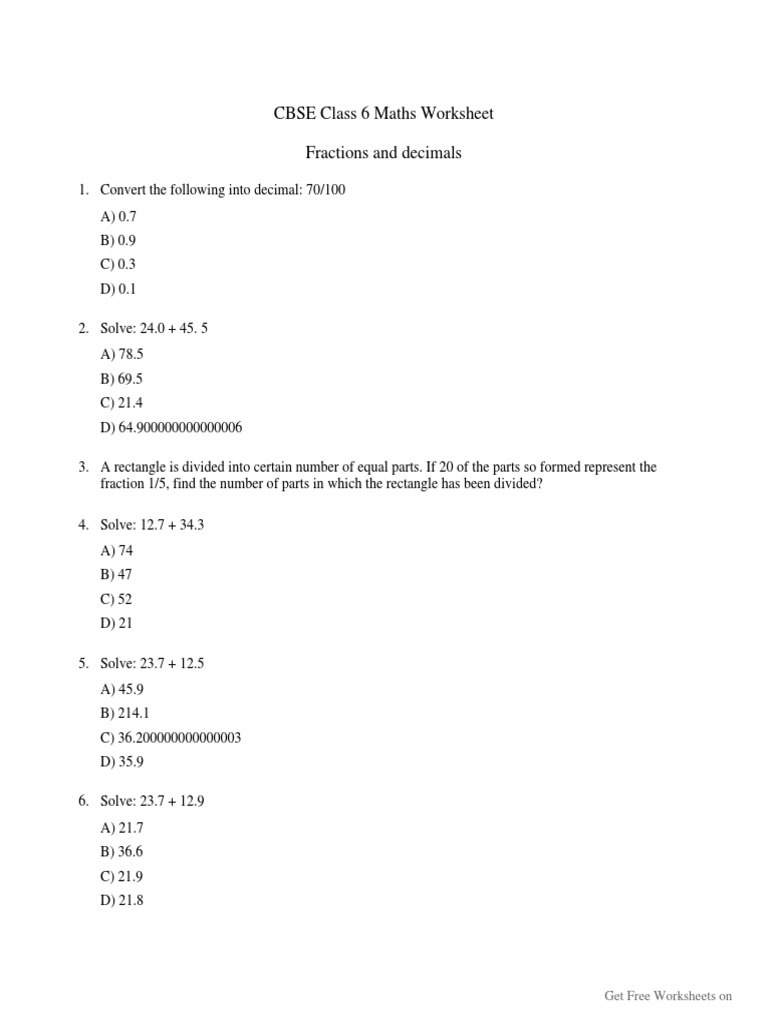 Decimals Worksheets For Grade 6 Cbse