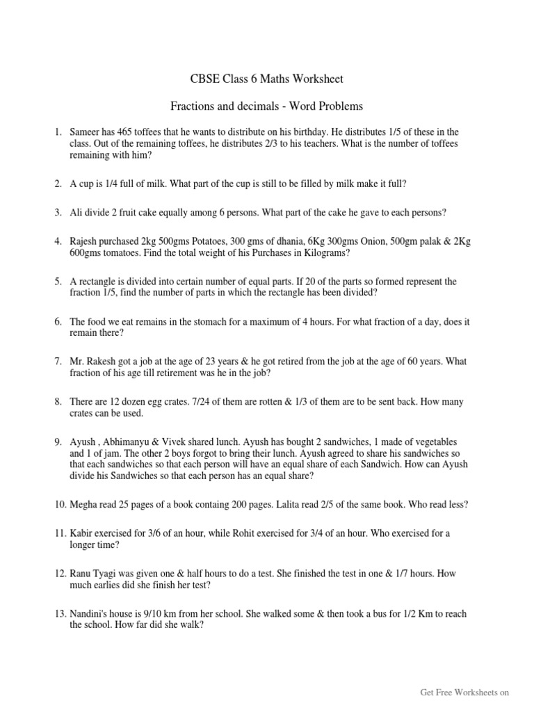 CBSE Class 6 Maths Fractions Word Problems Worksheet | PDF | Cuisine ...