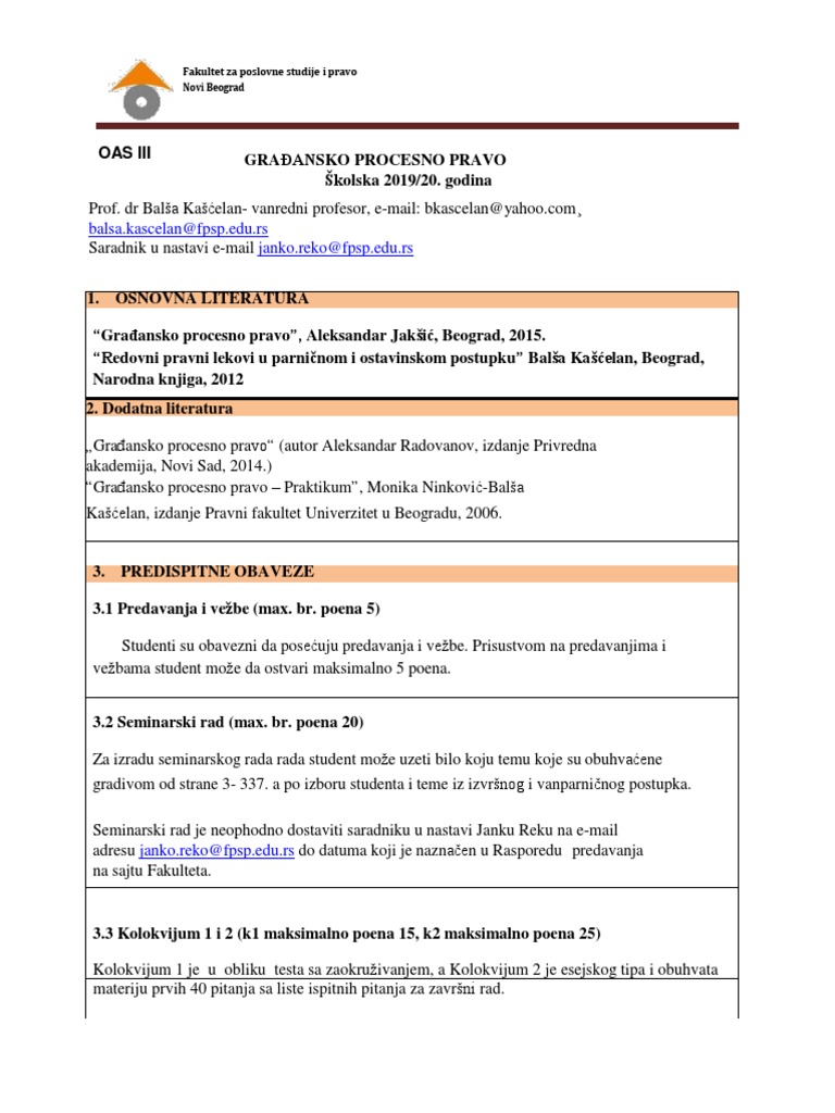 GRADJANSKO PROCESNO PRAVO - Ispitna Pitanja I Uputstvo Za Sem. Radove ...