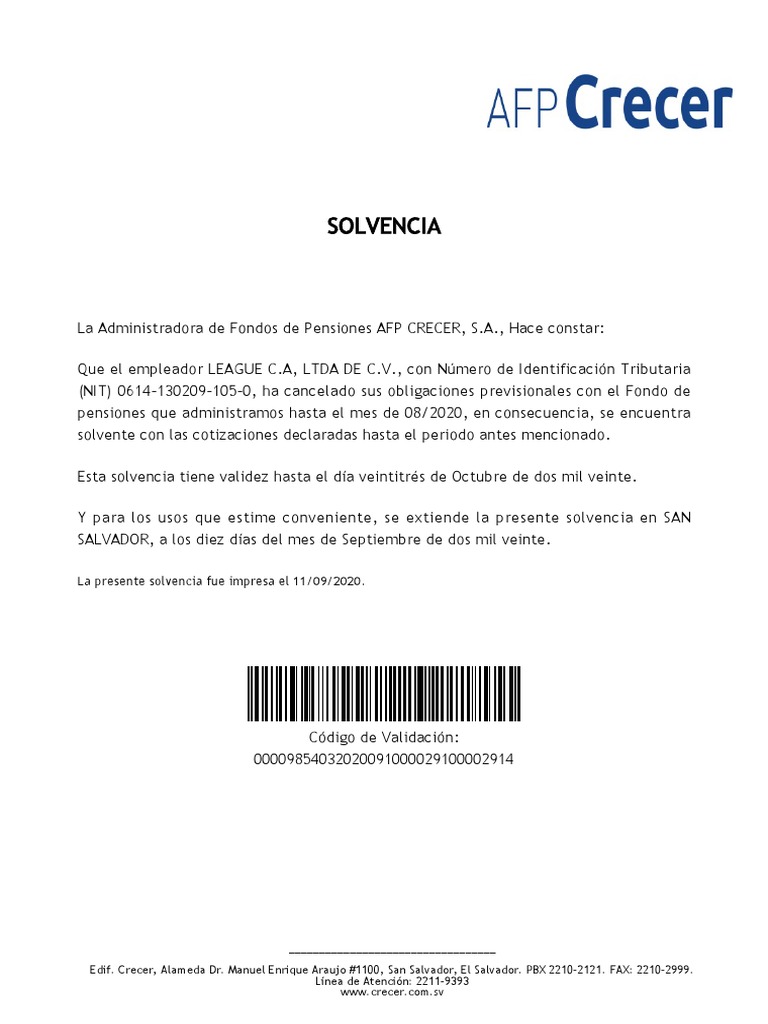 Solvencia de Pagos AFP CRECER - Al 11 Sept. 2020 PDF | PDF