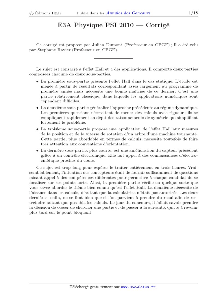 PSI PHYSIQUE E3A 1 2010.extrait PDF | PDF | Électron | Obliger