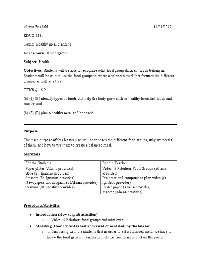 Healthy Eating Lesson Plan With Reflection | PDF | Meal | Lesson Plan