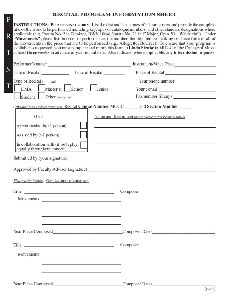 P R I N T: Recital Program Information Sheet Instructions: P | PDF ...