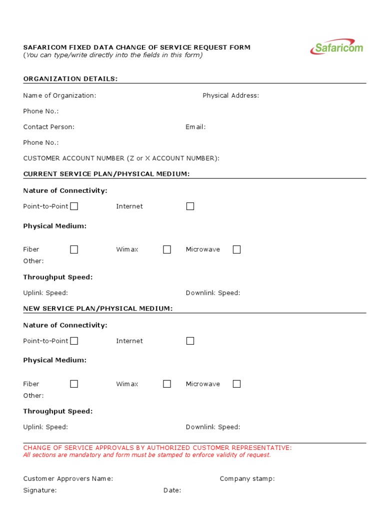 Safaricom Fixed Data Service Change Form | PDF