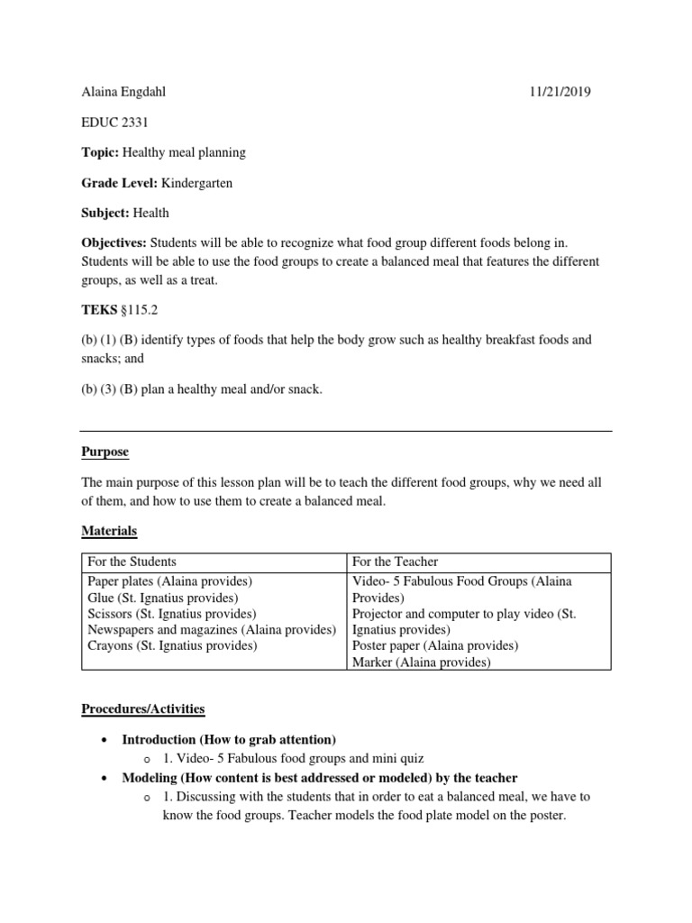 Healthy Eating Lesson Plan PDF | PDF | Meal | Lesson Plan