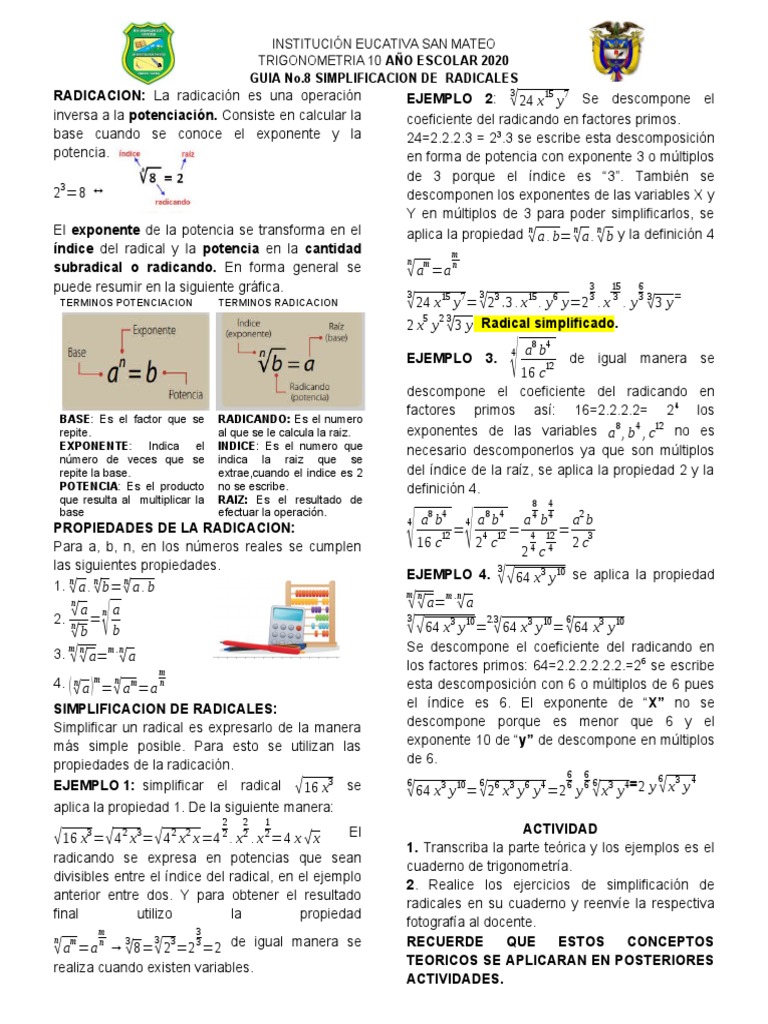 Hoja De Trabajo Para Simplificar Radicales Con Respuestas