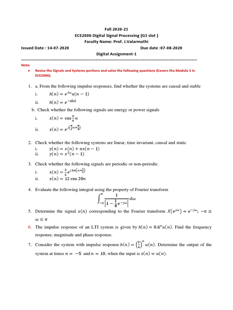Digital Assignment 1 - Question - DSP | PDF | Information And Communications Technology ...