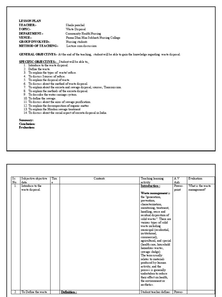 LESSON PLAN Waste Disposal | PDF | Sewage Treatment | Waste