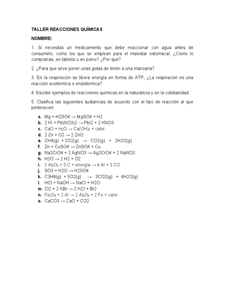 TALLER+REACCIONES+QU%C3%8DMICAS | PDF