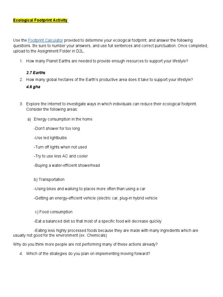 Ecological Footprint Assessment Activity | PDF