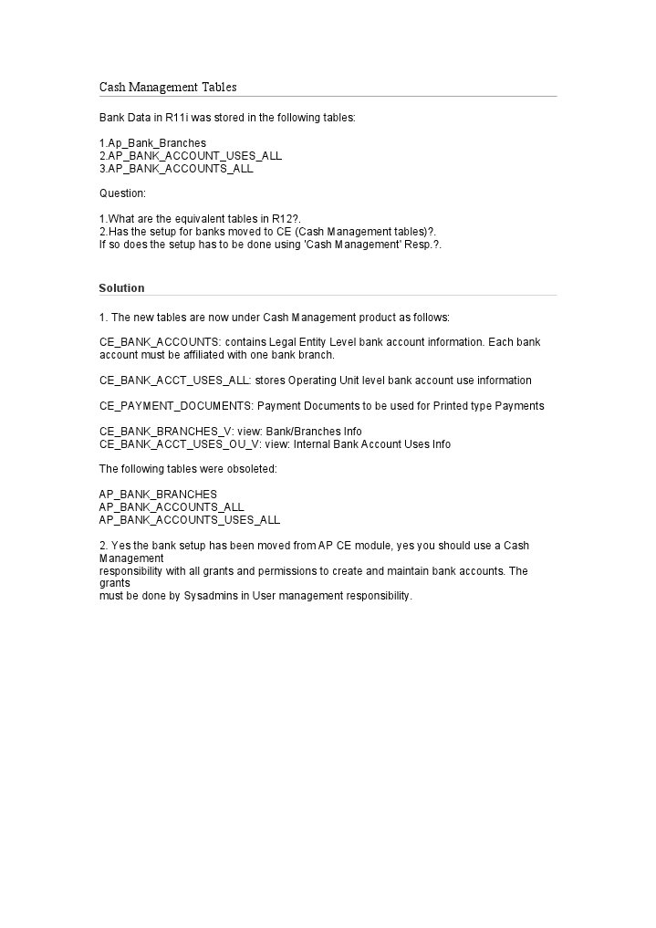 R12 Cash Management Bank Tables Overview | PDF | Finance & Money ...