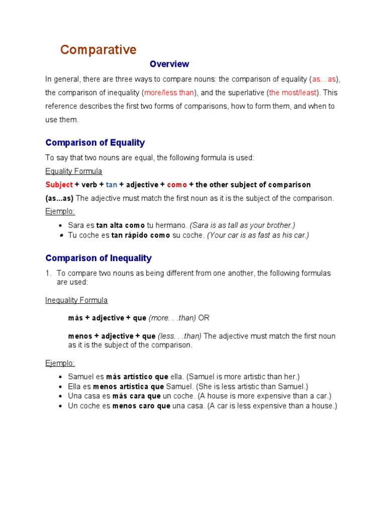 Spanish Comparisons: Equality & Inequality | PDF