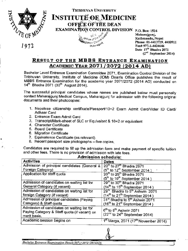 MBBS Entrance Result 071 PDF | PDF