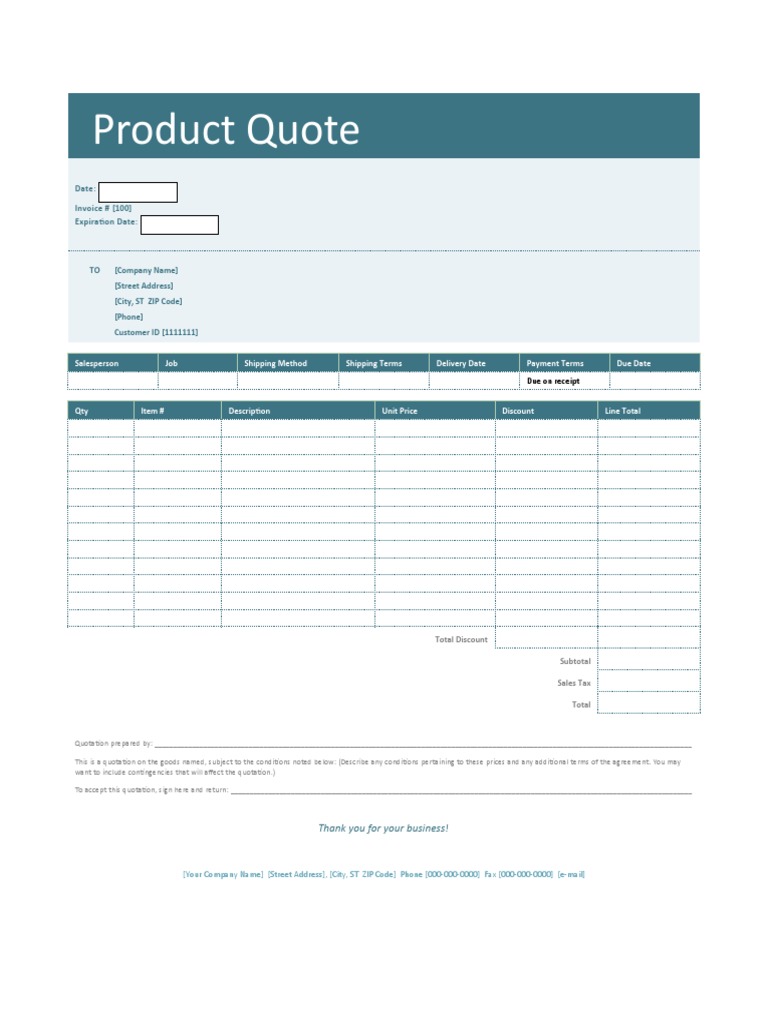 Product Quote: Date: Invoice # (100) Expiration Date | PDF