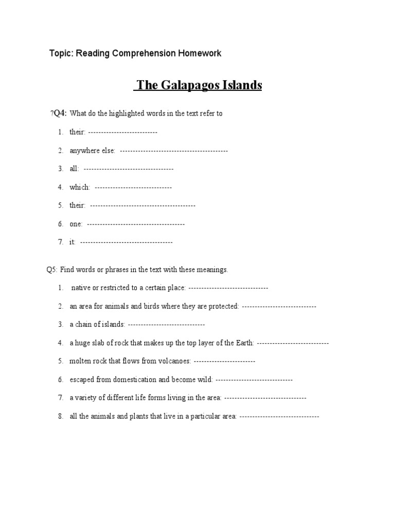 The Galapagos Islands: Topic: Reading Comprehension Homework | PDF