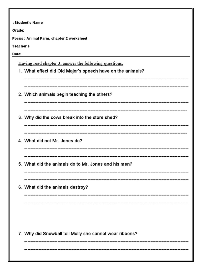 Student's Name: Grade: Focus: Animal Farm, Chapter 2 Worksheet Teacher ...