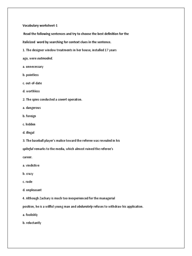 Vocabulary Worksheet - Identifying Context Clues to Determine Word ...