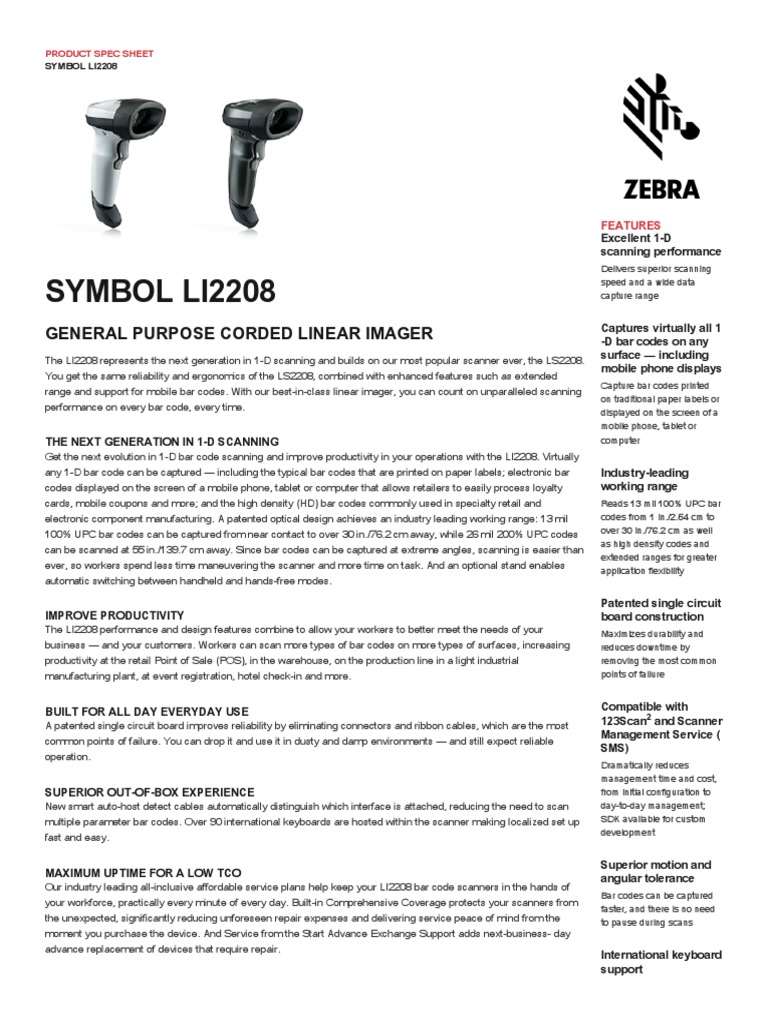 Zebra Symbol Li2208 Spec Sheet | PDF | Barcode | Universal Product Code