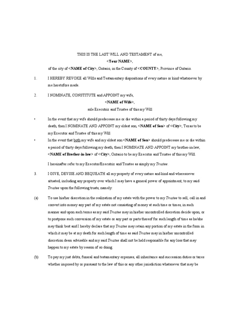 Standard Will Form | PDF | Will And Testament | Property Law