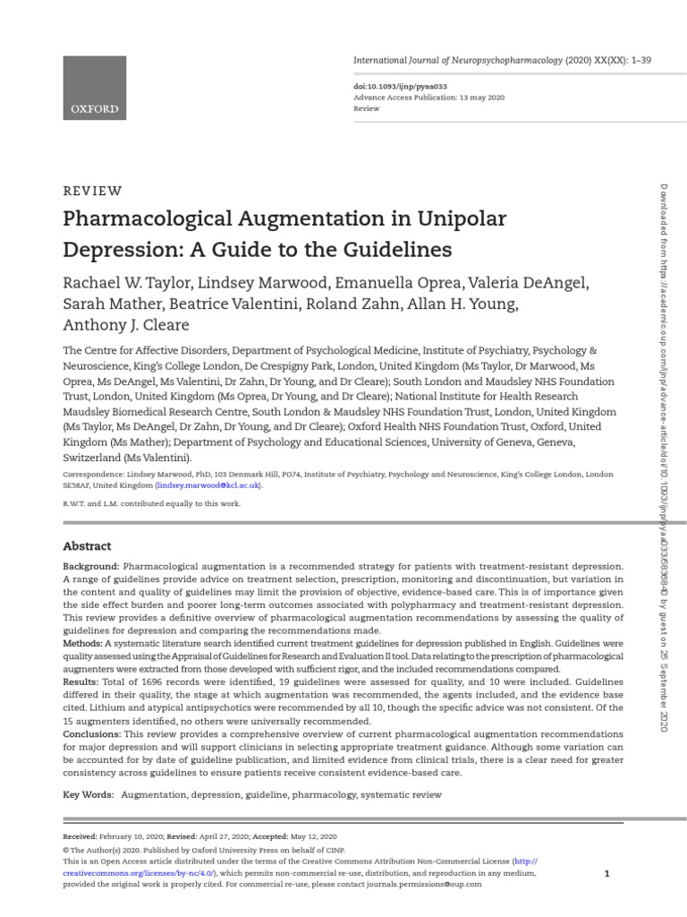 Pharmacological Augmentation in Unipolar Depression A Guide To The ...