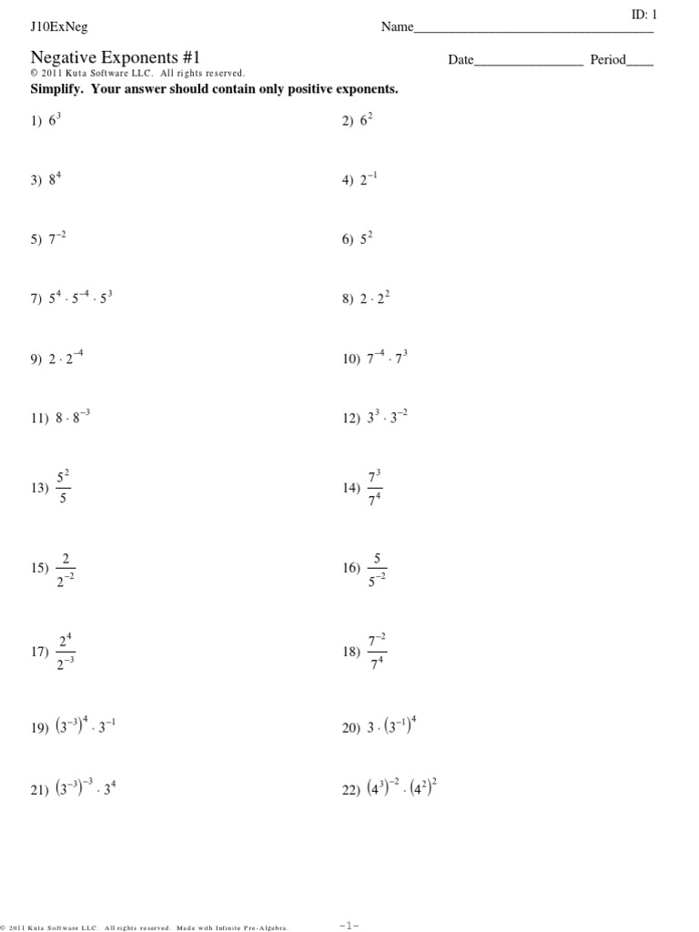 Negative Exponents #1: Simplify. Your Answer Should Contain Only ...