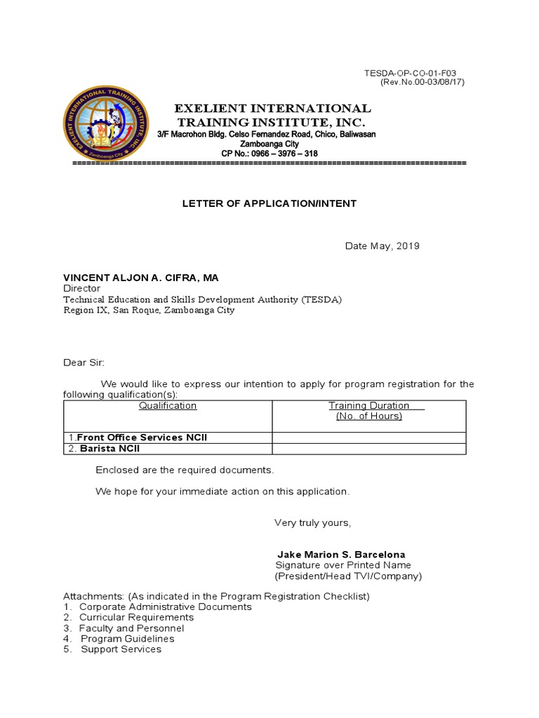 APPLICATION LETTER Fos Barista | PDF