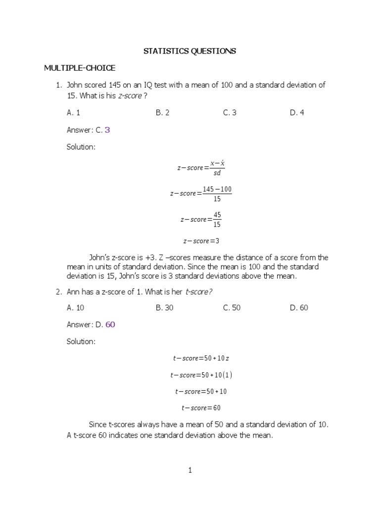 Statistics Questions Multiple-Choice: Z Score X X SD Z Score | PDF ...