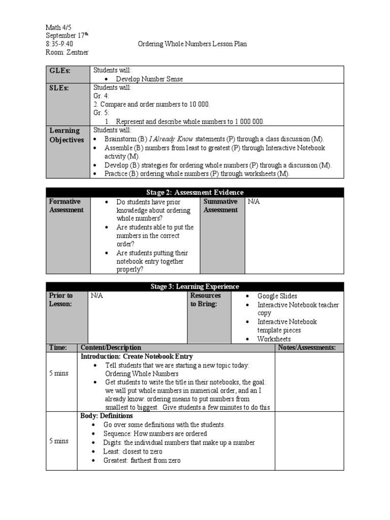 Whole Numbers Ordering Lesson Plan | PDF | Lesson Plan | Communication