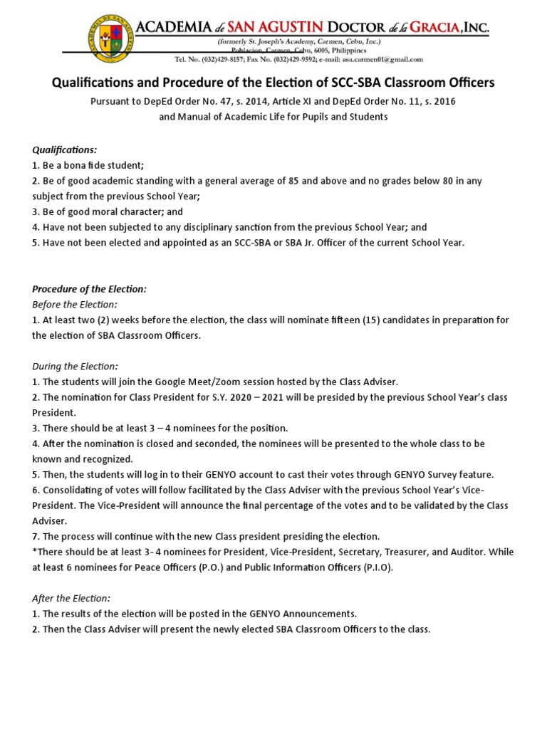 Qualifications and Procedure of The Election of SCC-SBA Classroom ...