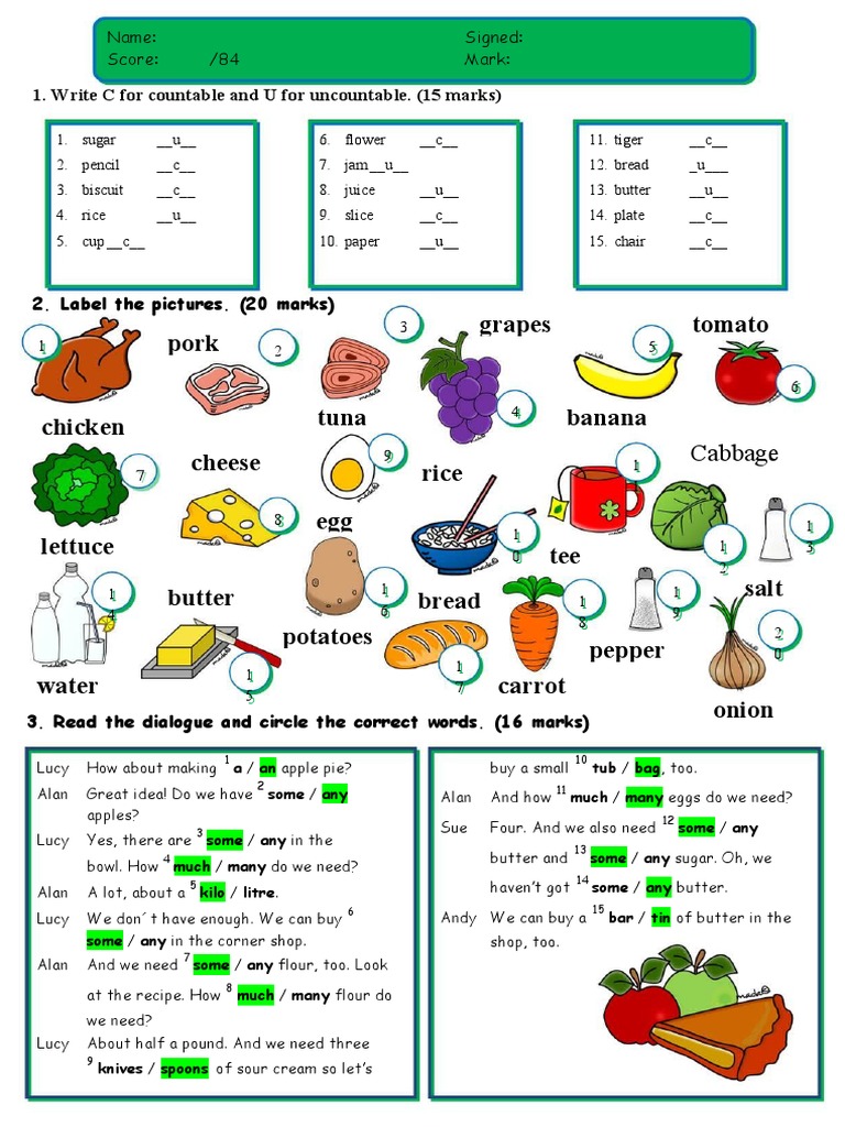 Countable and Uncountable Food Worksheet | PDF | Salad | Soup